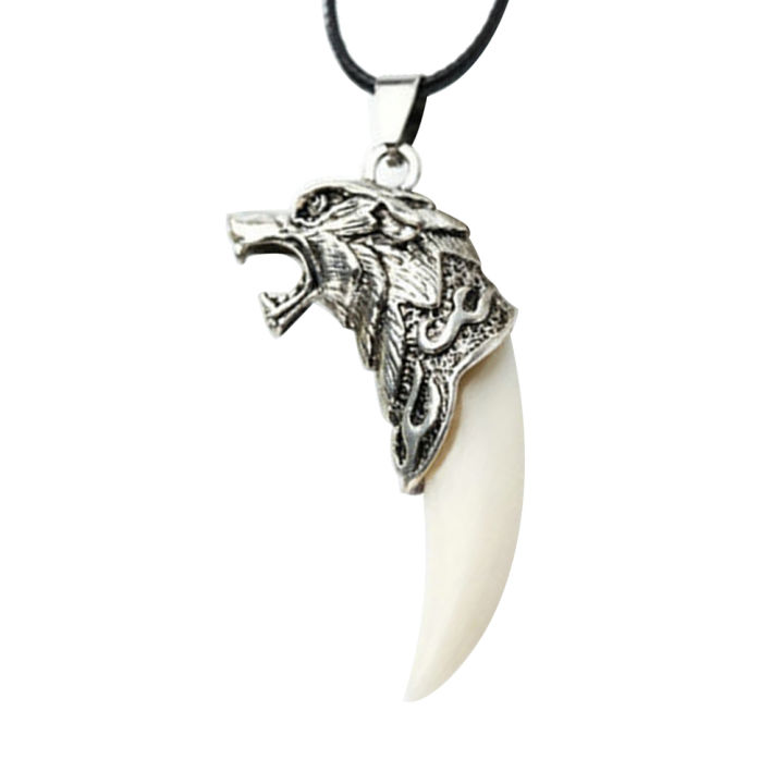 Men Antique TribalCarved Wolf Fang Tooth Pendant Faux Leather Rope ...