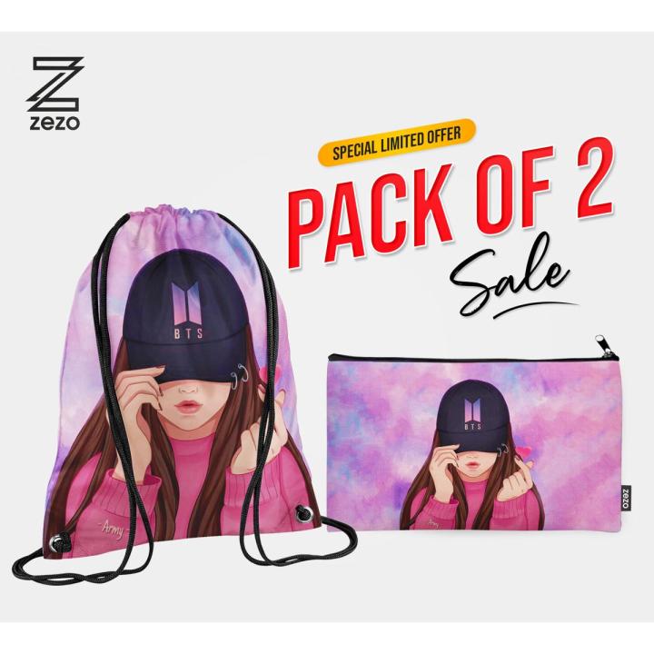 BTS Pack of 2 - BTS Drawstring Bag & BTS Pencil Pouches For Girls ...
