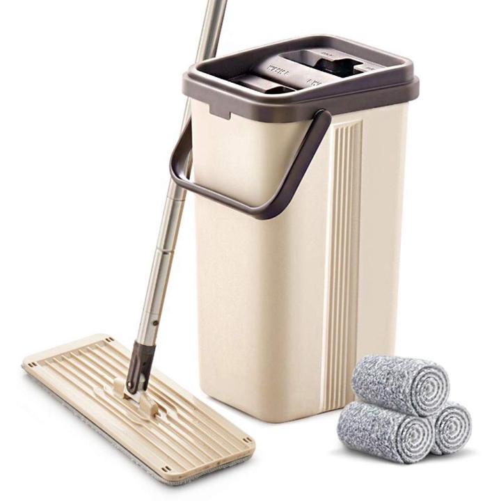 Self Drying Premium Flat Mop & Bucket System With 2 Reusable Microfiber ...