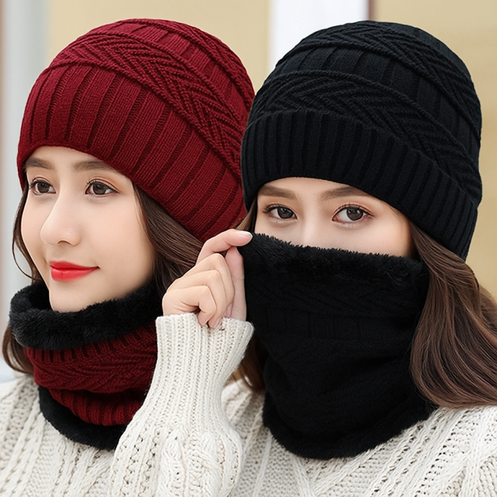Ladies Winter Woolen Cap with Neck Warmer | Women’s Beanie Hat & Scarf ...
