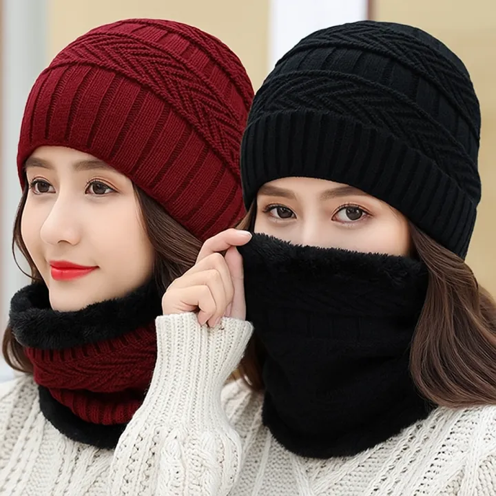 Ladies Winter Woolen Cap with Neck Warmer | Women’s Beanie Hat & Scarf ...