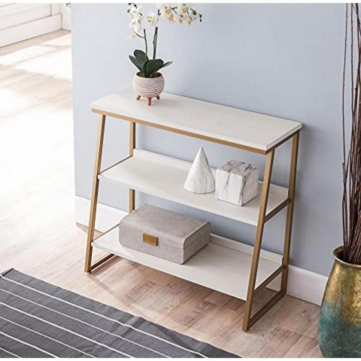 Mixed Metal and Wood Stepped Tier Bookshelf, White Herringbone/Gold ...
