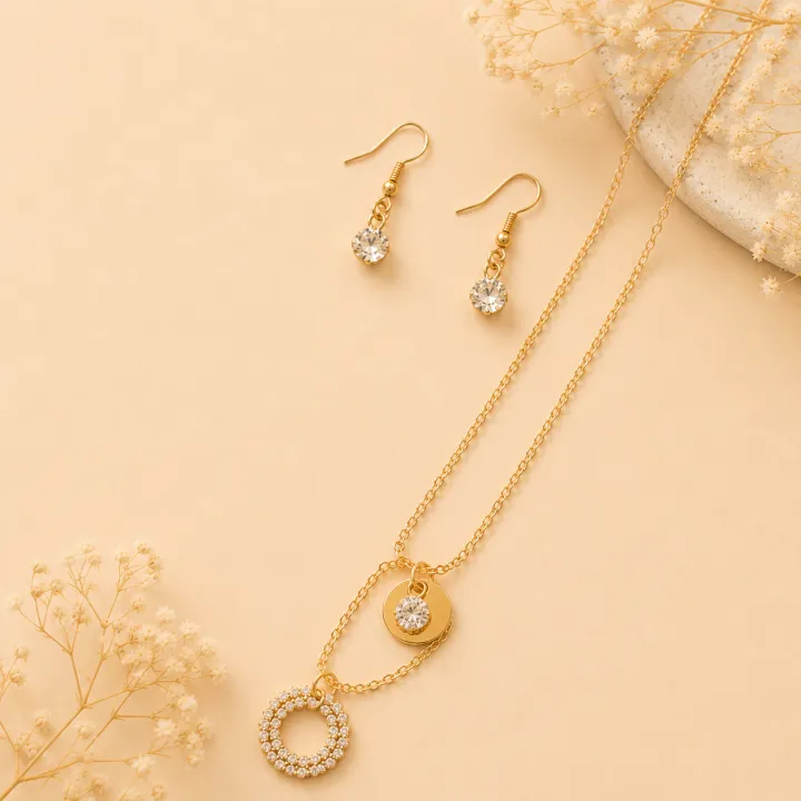 Luxury Gold Plated Double Layer Pendant Necklace Set with Crystal ...