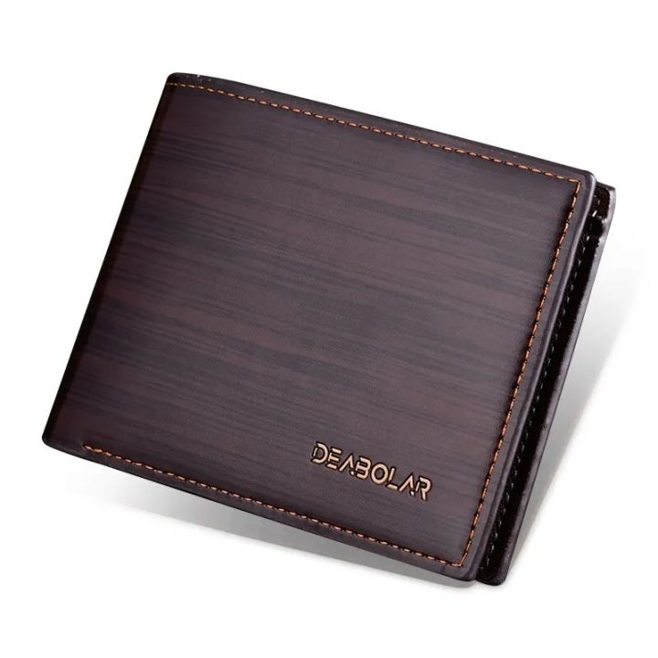 Men Short Style Leather Wallet- Glossy Wood Grain Fashion Multi Card ...