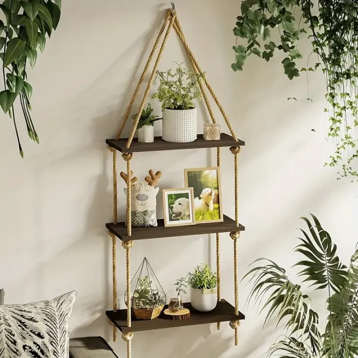 3-Tier Rustic Wood Hanging Shelves – Wall Mounted Floating Rope Shelf ...