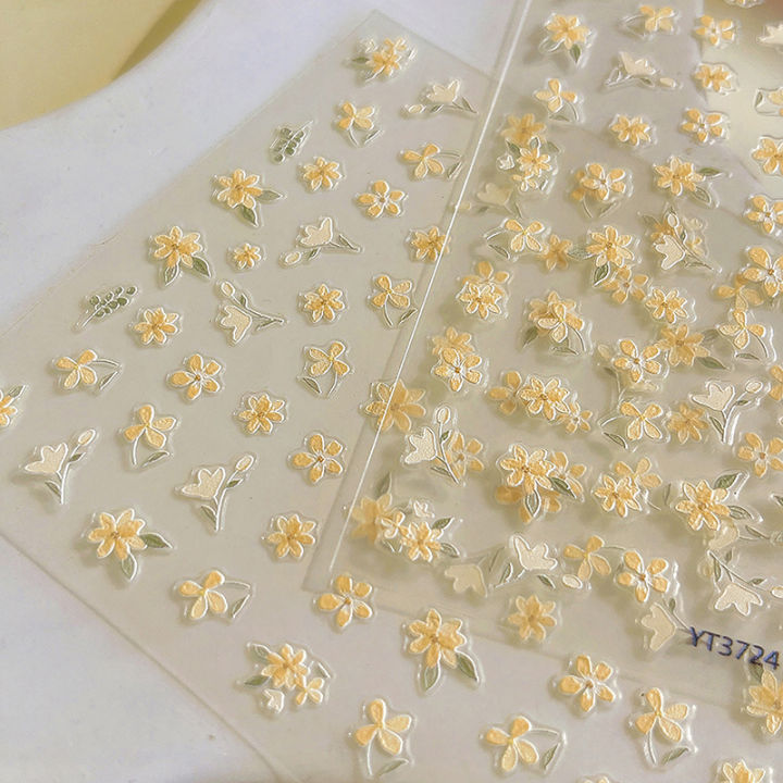 Yellow Flower Nail Stickers Floral Relief Nail Back Adhesive Tape Nail ...