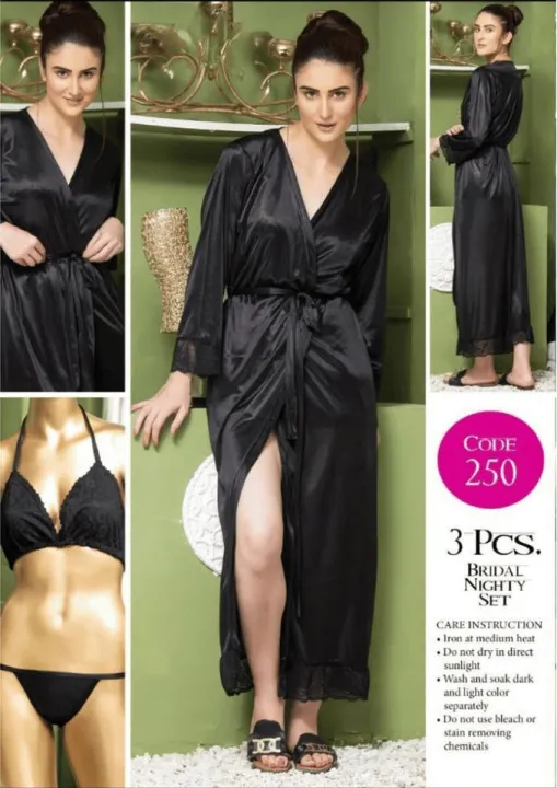 3 - Piece Silk Jersey Knit Nightwear Set – Top + Inner + Trouser – Free ...