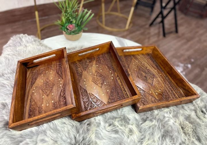 Decorative Wooden Tray with Carving & Brass - Unique Pakistani ...