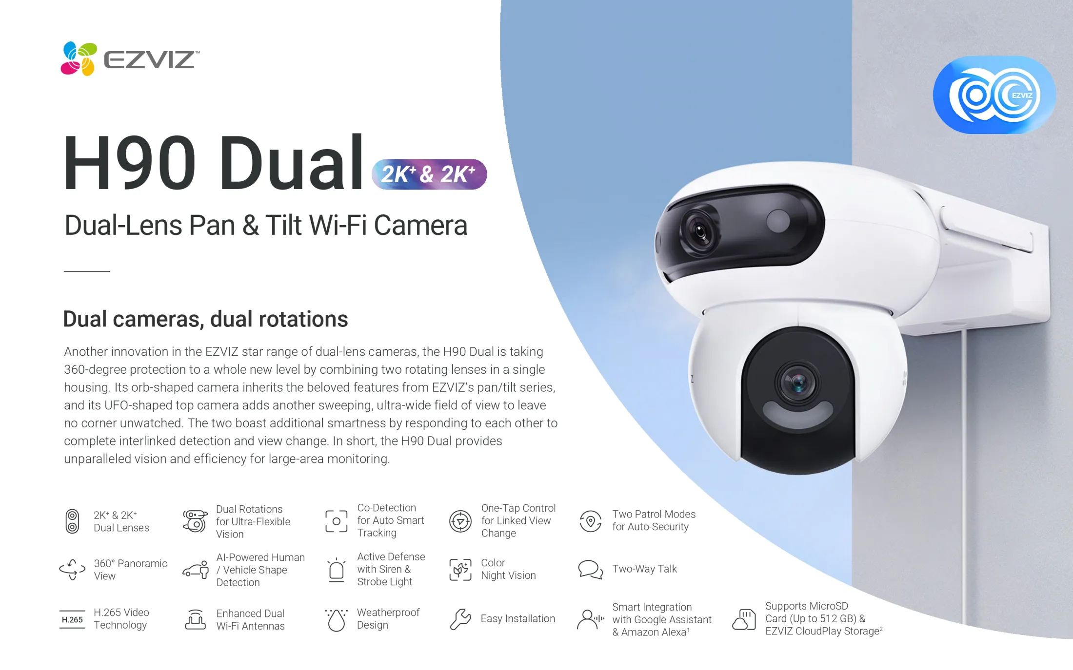 EZVIZ H90 Dual 2K+ Dual-Lens Pan & Tilt Dual Rotations 4MP Wi-Fi Camera ...