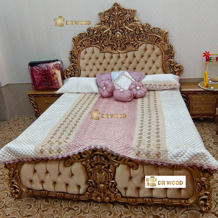 DR WOOD | Royal Sheesham Wood Chinioti Bed Set with CUSTOM Golden Deco ...