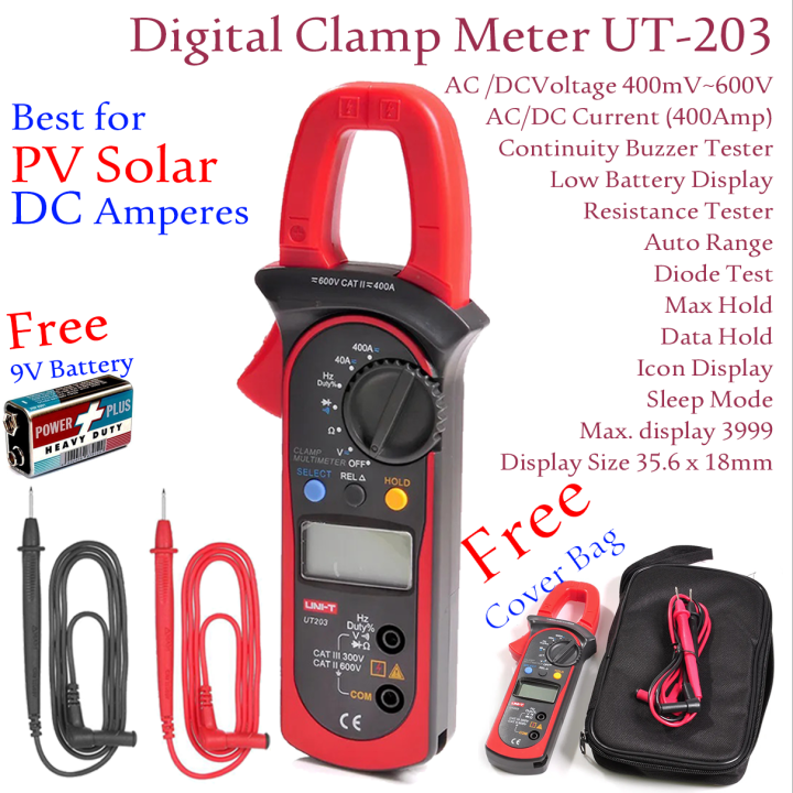 Uni T UT203 Solar Clamp Meter AC DC Ampere Meter, UT 203 AC/DC 40A/400A Ammeter Digital Clamp ...