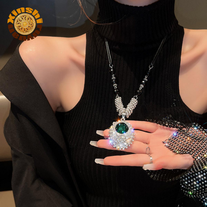 XL Black Rope Diamond Oval Crystal Necklace Fashion Retro Court Style ...