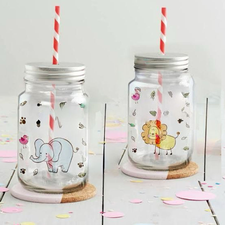 Plastic Multicolor Heat Resistant Fruity Glass Mason Jar Mugs Fruit Juice Cups with Lid and ...