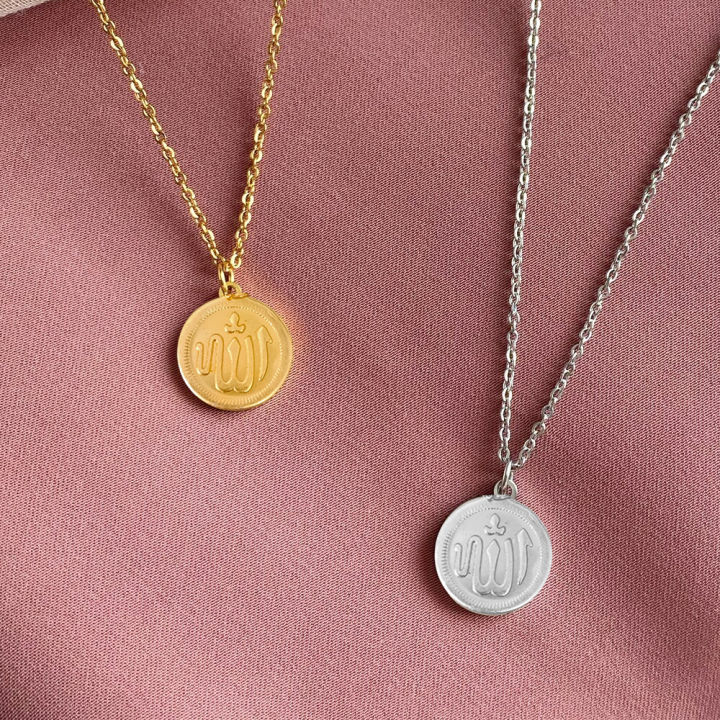 Coin Pendant Stylish Round Silver Golden Allah Name Locket Jewelry ...
