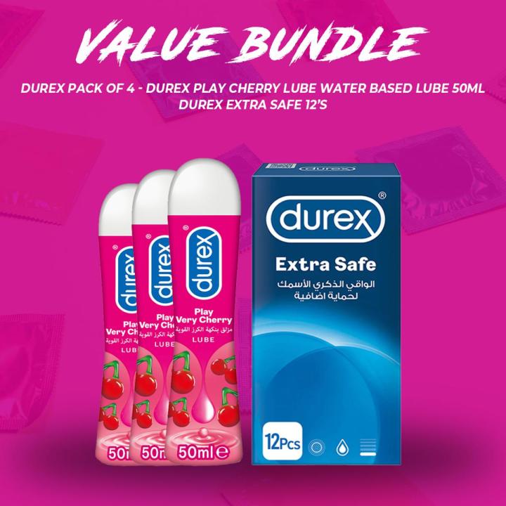 Pack of 4 - Extra Safe Extra Thick Safety Condoms 12s + Play Cherry Lube Water Based Lube 50ml x ...