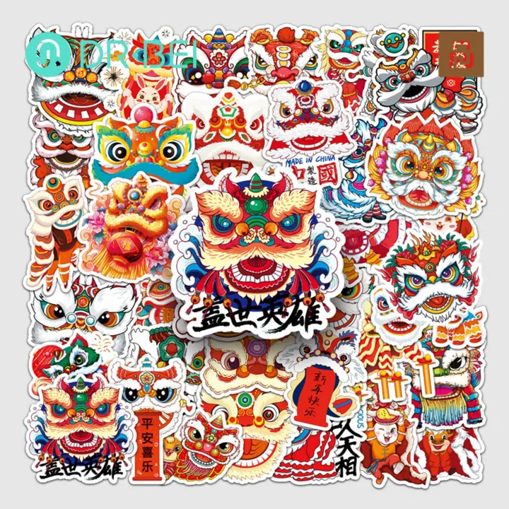 Chinese New Year Stickers Chinese Lion Dance Stickers Trendy Waterproof ...