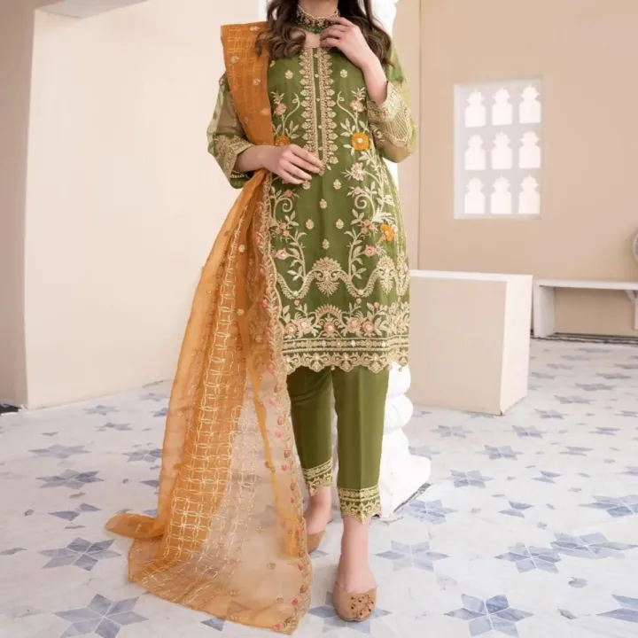 Decent Embroidered 3 Piece Organza Dress/Party Wear/Wedding Collection ...