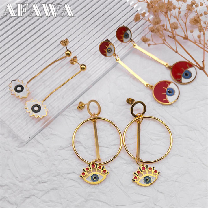 Ethnic Turkey Eye Long Tassel Drop Earrings Stainless Steel Gold Color ...