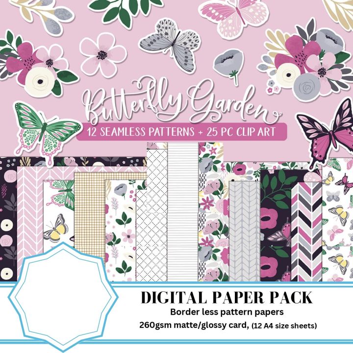 A4 designer paper pack | Butterfly garden | 12 sheets 260gsm | glossy ...