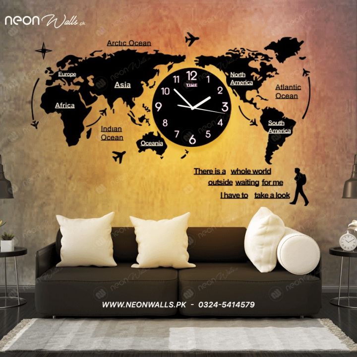 WallTrove World Map Wooden Wall Clocks with Light | 3d Laser Cut DIY ...