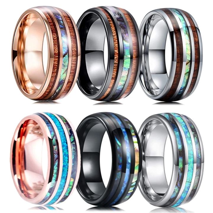 8mm Men Stainless Steel Rings Hawaiian Koa Wood And Abalone Shell Opal ...