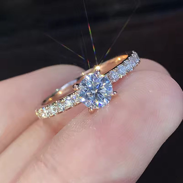 S925 Never Fade Zircon Adjustable Ring For Girl - Gold Four Claws ...