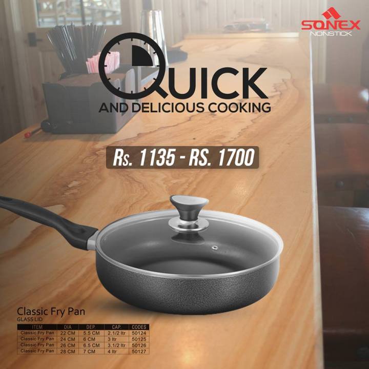 Sonex Classic Fry Pan With Glass Lid - Non Stick Coating - Black | Daraz.pk