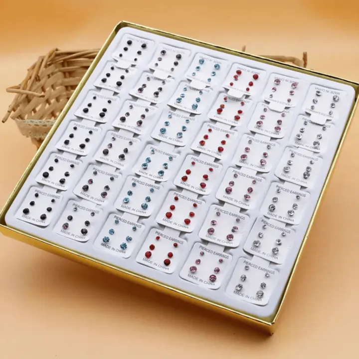 Colorful Rhinestone Earring Set – 18 Pairs, 6 Colors, 3 Sizes of Each ...