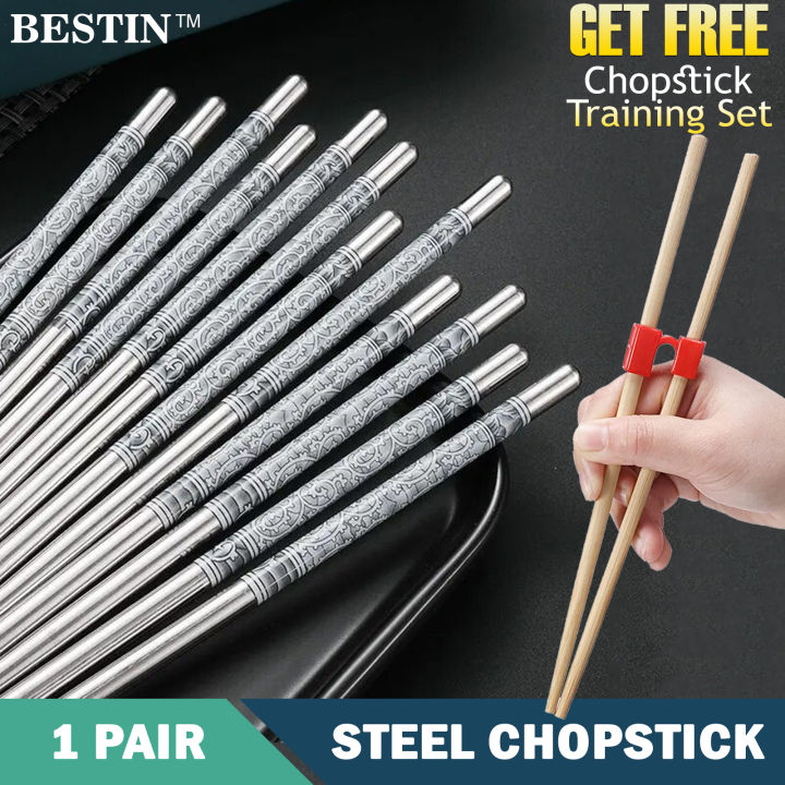 1 Pair Stainless Steel Chopsticks, With Free Chopstick Training Set ...