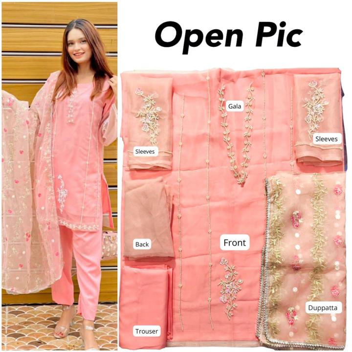 SastaaE Organza 3pc Unstitched Embroidered & Adda Work Dress with Malai ...