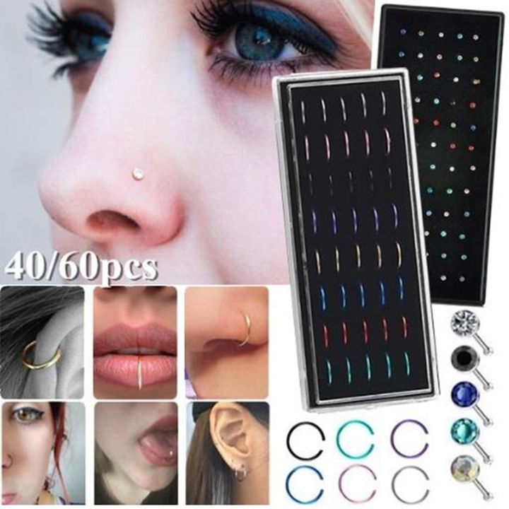 40/60pcs Women Nose Piercing Ring Steel Hoop Cartilage Stud SEVICH ...