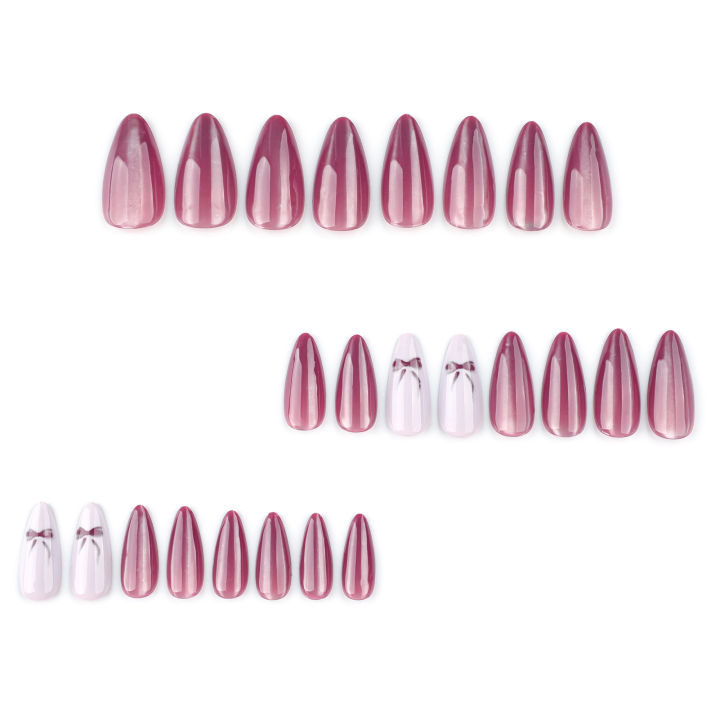JP3783 24PCS Pink Cat Eye Glitter Almond Fake Nails with Bow Design ...