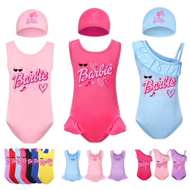 Barbie Cartoon Animation Girls' One-Piece Swimsuit Swimming Cap Suit ...