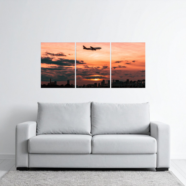 Airplane in Sunset City Artwork 3 Pcs Panel Wall Art | Sunset Plane ...