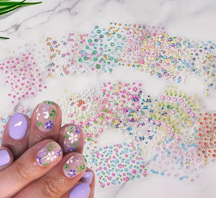 5 sheets Nail Art 3D Stickers | Colorful Flower, Daisy, Bow Tie, Heart ...