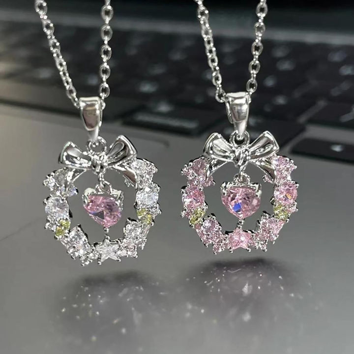 Delicate Y2K Jewelry Sweet Bowknot Pendant Necklaces Pink Crystal Heart ...