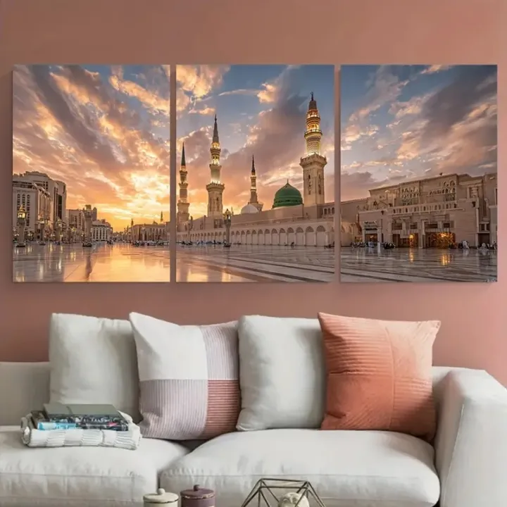 2D Flat, 3pcs Framed Islamic Wall Art Set - Medina Saudi Arabia Mosque ...