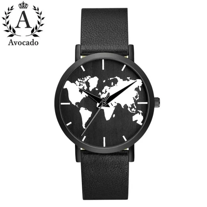 All Black World Map Watch Leather Strap Quartz Movement 3 Hands Men And ...