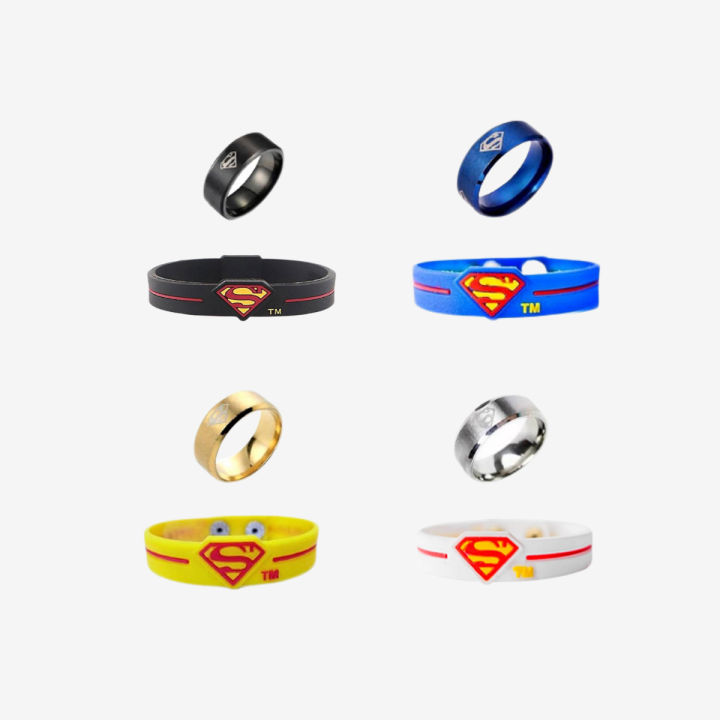 Pack of 4 Superman Logo Rings With Superman Band Rubber Bracelets ...