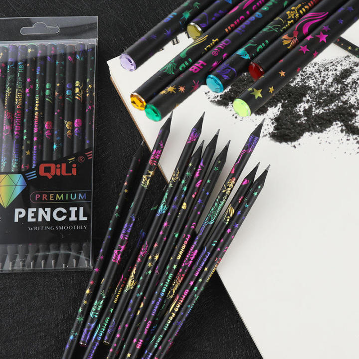 Premium Quality Black Wood HB Pencil Set Pack of 12 Rhinestone Design ...