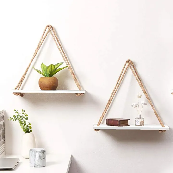 Wall Mount Rope Hanging Beige Floating Rack Shelves for Home Office and ...