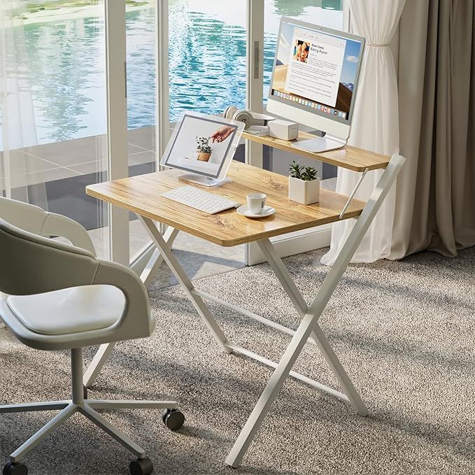 GreenForest Portable Small Desk No Assembly, 2-Tier Compact Computer ...