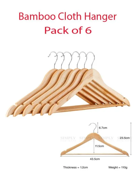 Pack of 6 Bamboo Wooden Cloth Hanger Large | Daraz.pk