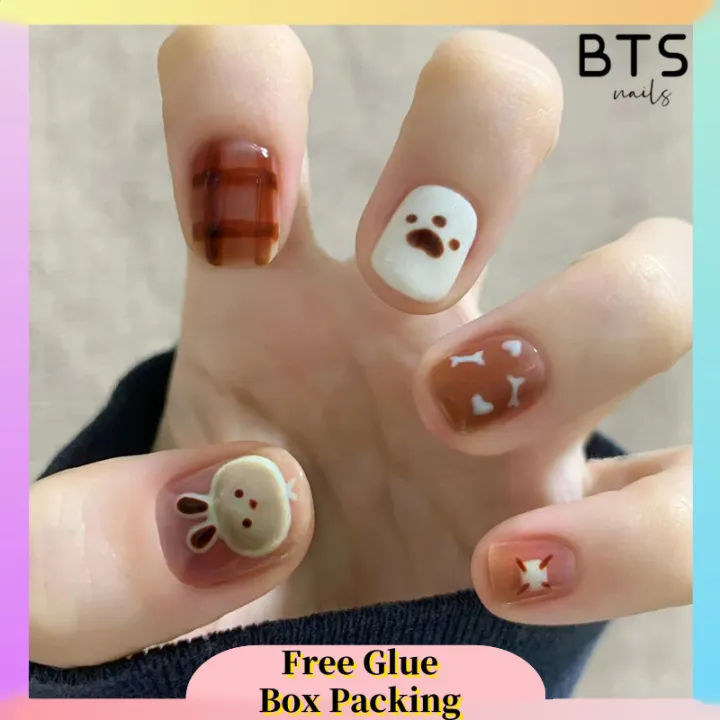 BTS【WITH GLUE】24Pcs Love Sweetheart Bunny Fake Nails DIY Art Design ...