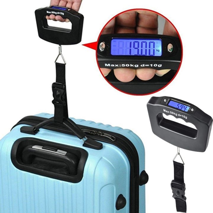 Travelling with a digital portable handheld suitcase scale that comes with a belt, an electronic ...