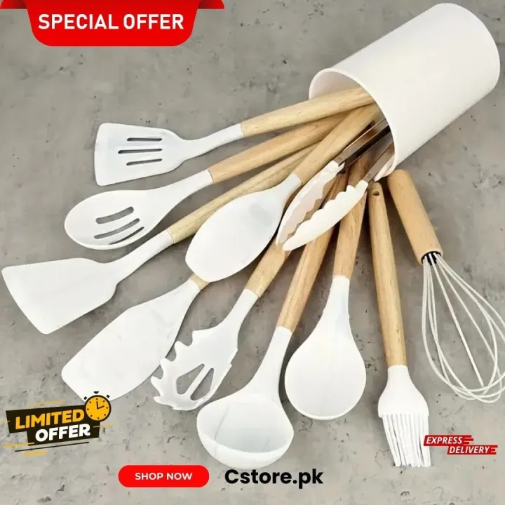 Silicone Kitchen Utensils Set | 12-Piece | White Color Kitchen Utensils ...