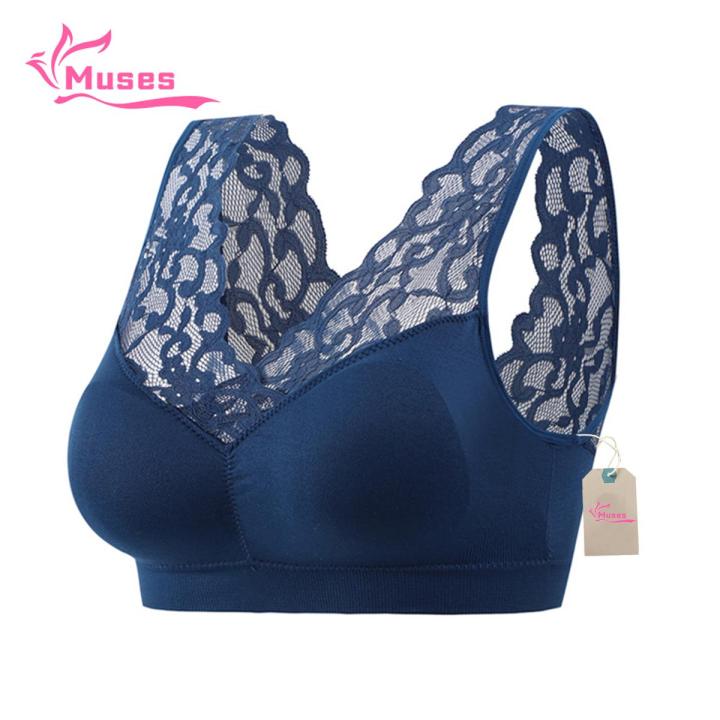 Muses Lady Bra Solid Color Wireless Lace See-through Hollow Out Push Up ...
