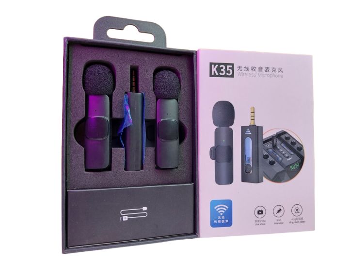 K-35 Dual Wireless Collar Microphone Lapel Lavalier Omnidirectional Mic ...