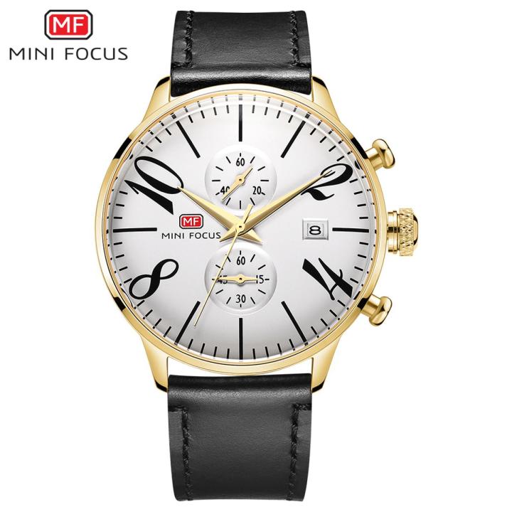 Mini Focus White Dial Black Leather Strap Chronograph Watch for Men ...