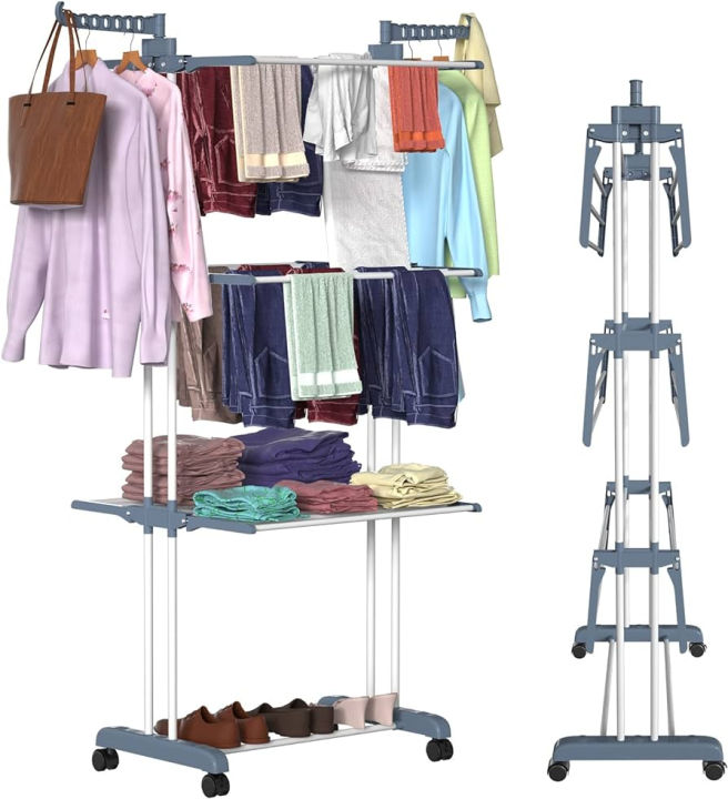 Three Layers Clothes Drying Stand Rack Heavy Duty Double Pole Foldable ...